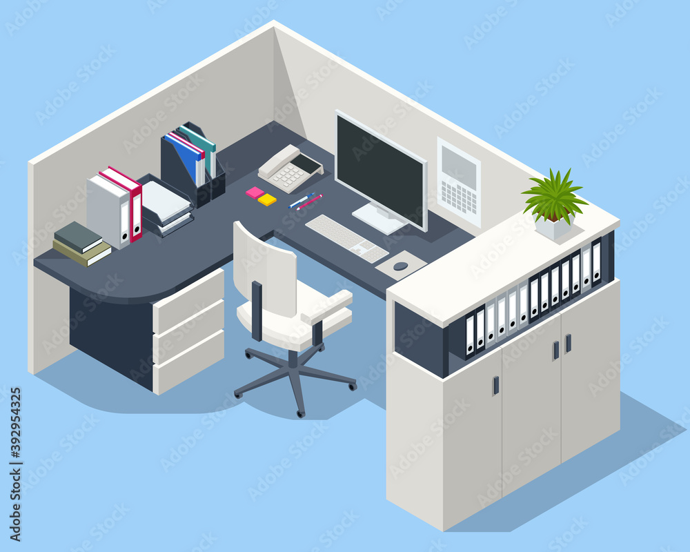 Isometric massive computer table with desktop and chair, office ...