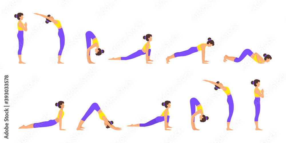 Surya namaskar A sun salutation yoga asanas sequence set vector ...