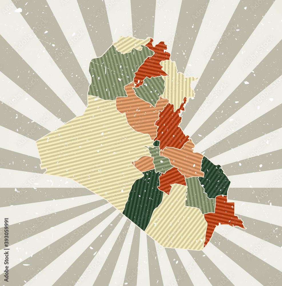 Republic of Iraq vintage map. Grunge poster with map of the country in ...