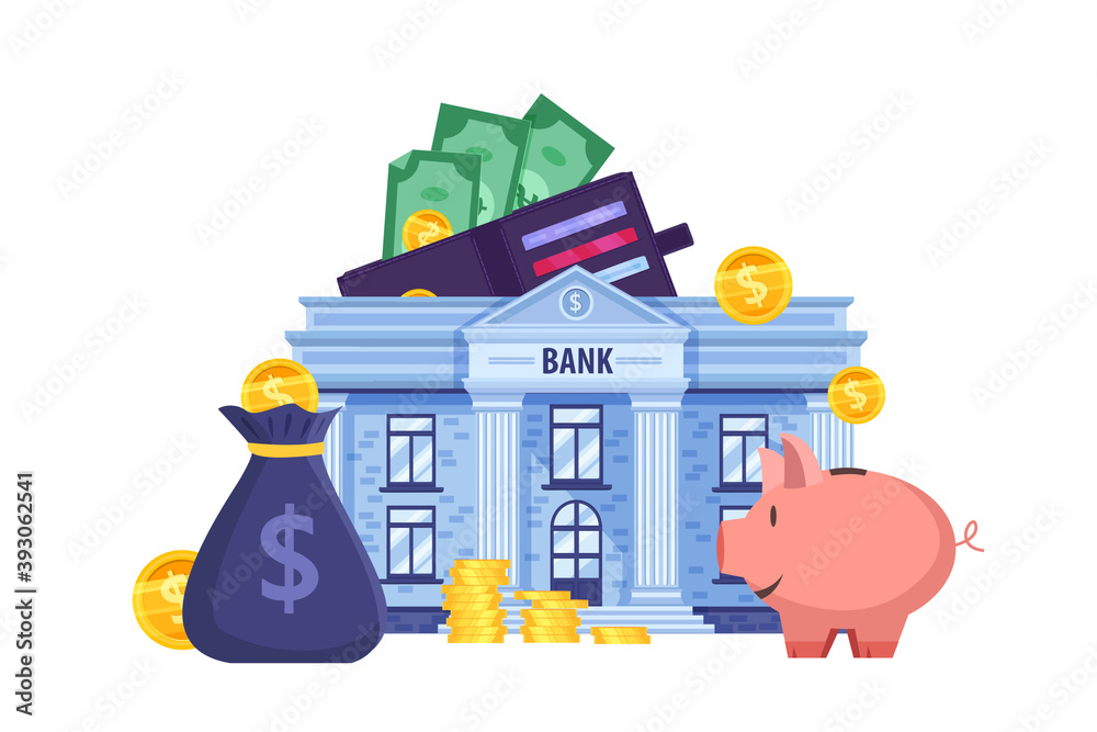 Financial or personal budget vector concept with bank building, wallet ...