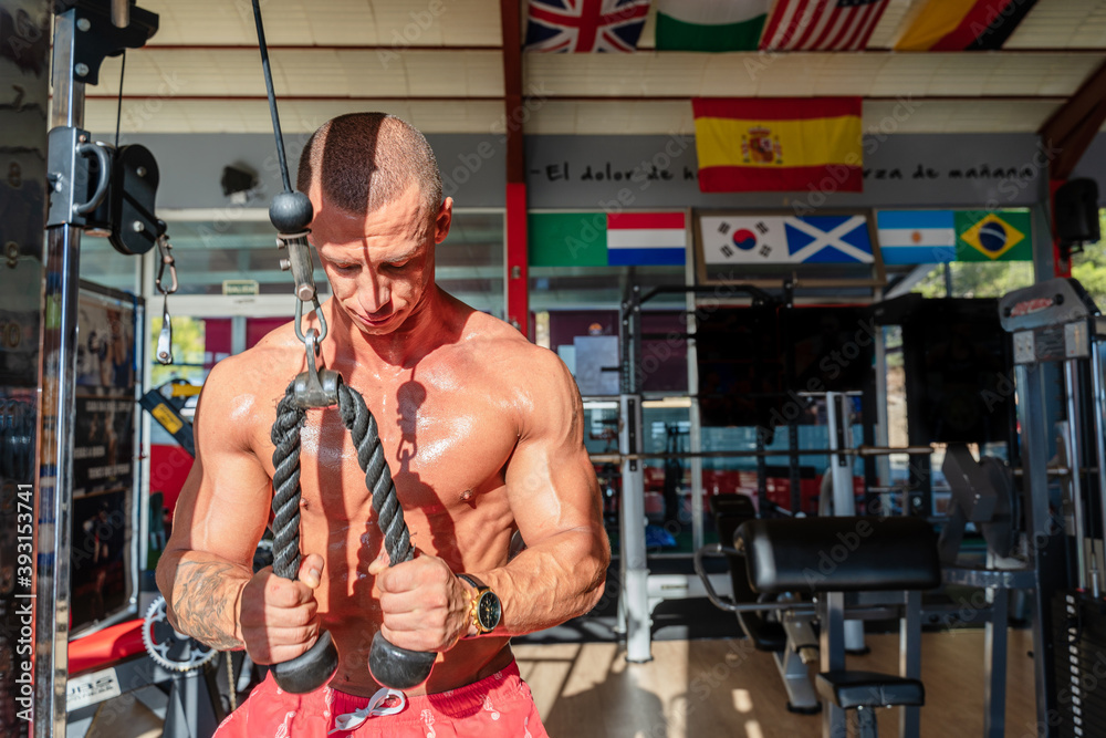 Powerful male athlete with sweaty naked torso pulling ropes of cable ...