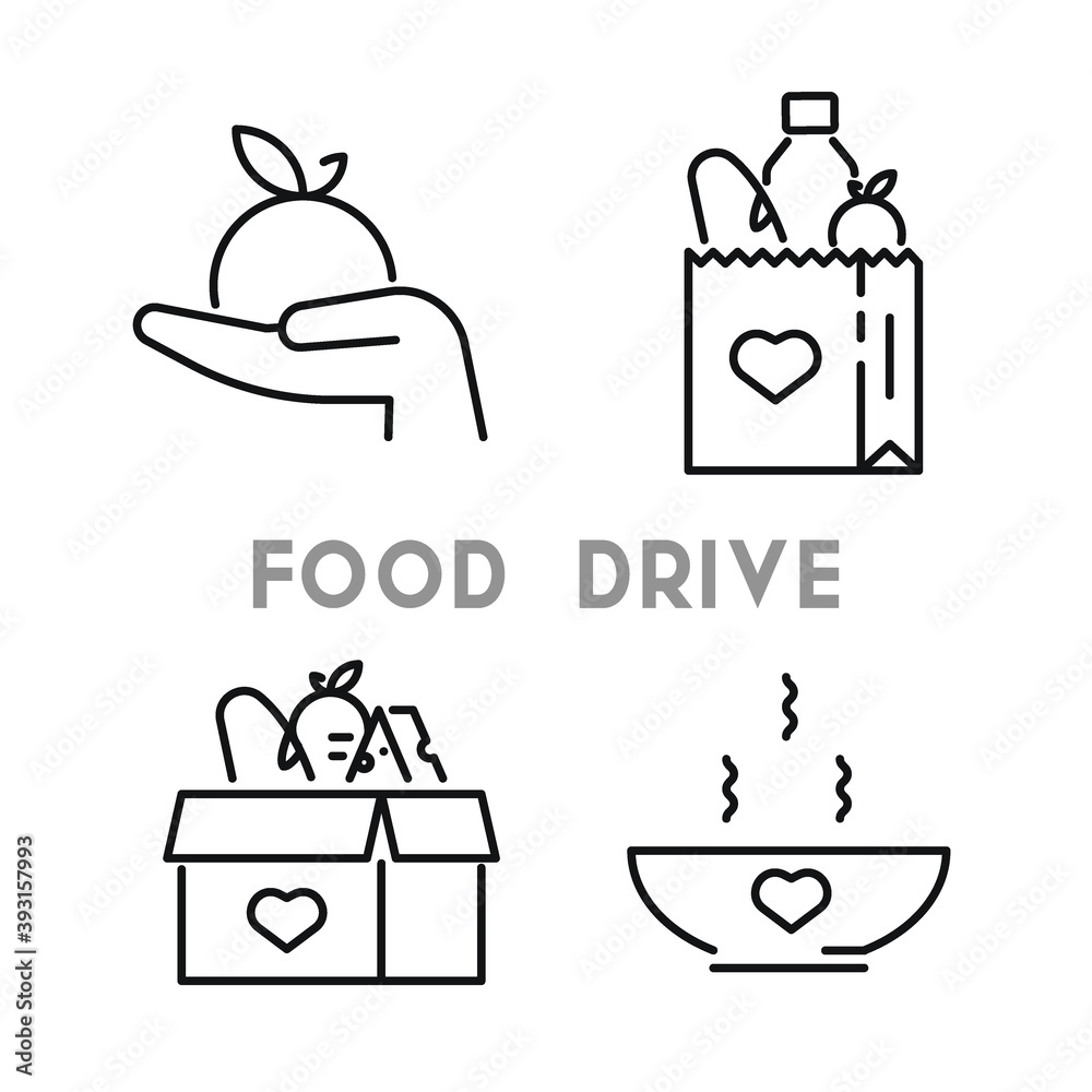 Food donation icon set. Hand holding plate with soup for donations ...