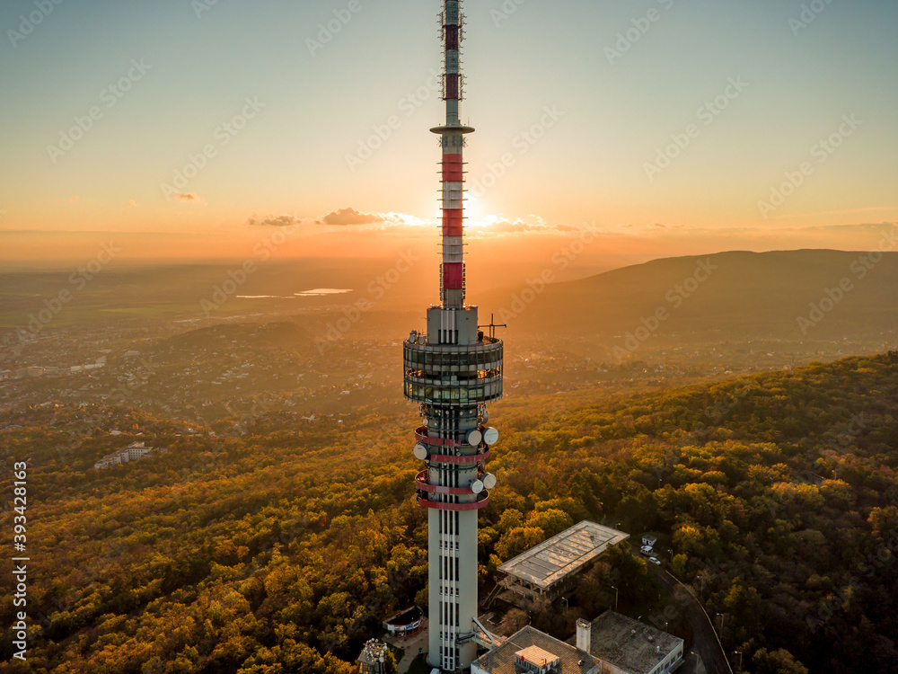 Hungary - TV tower in Pecs with Mecsek hills from drone view Stock ...