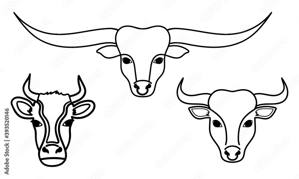 Cow and bull head outline silhouette or icon. Cattle animal faces ...
