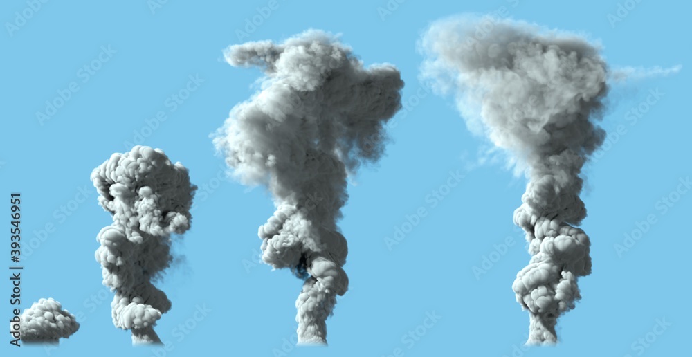 4 different images of heavy gray smoke column as from volcano or big ...