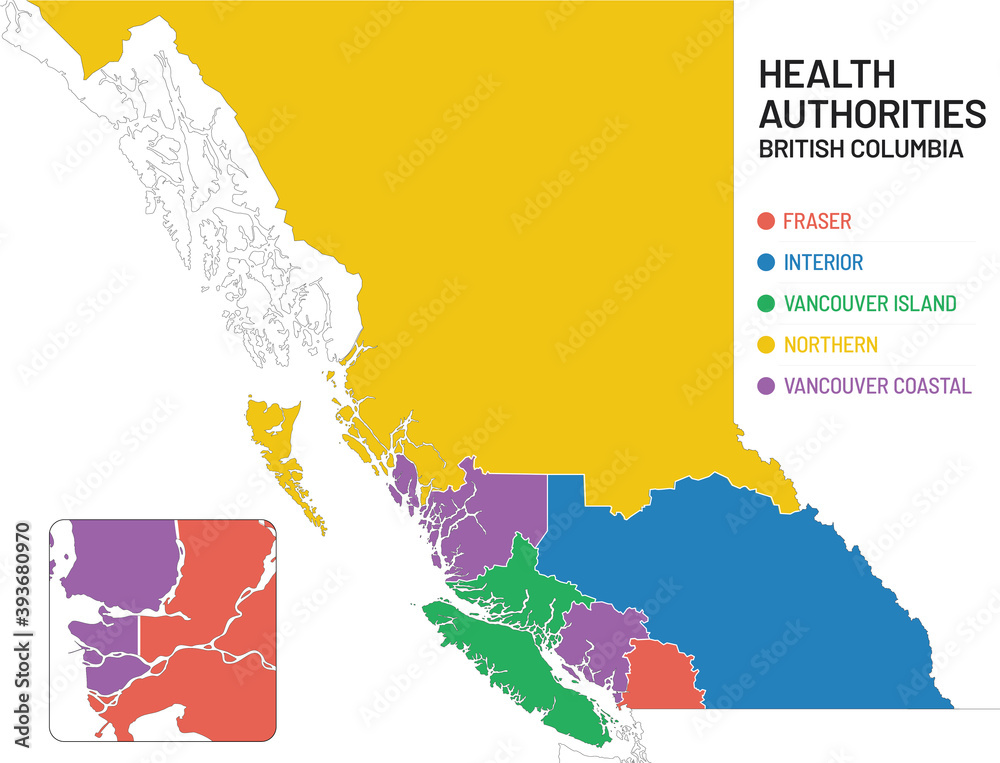British Columbia health authorities map. Simple map of BC Canada ...