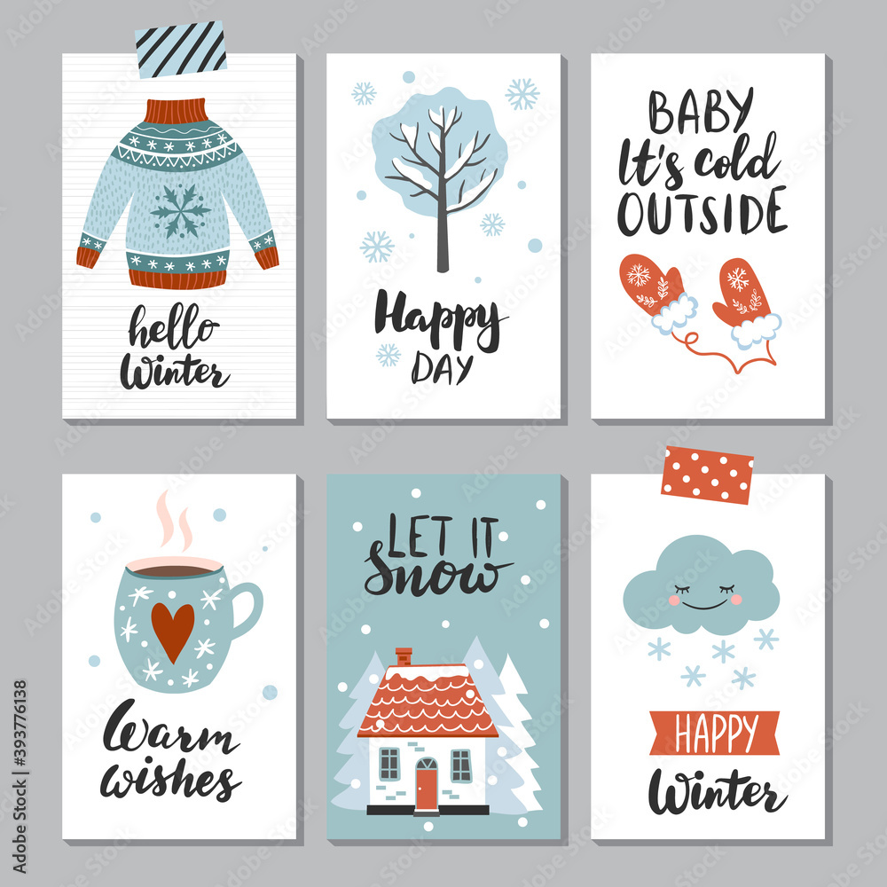 Winter card set. Hand drawn cute posters, vector design template with ...