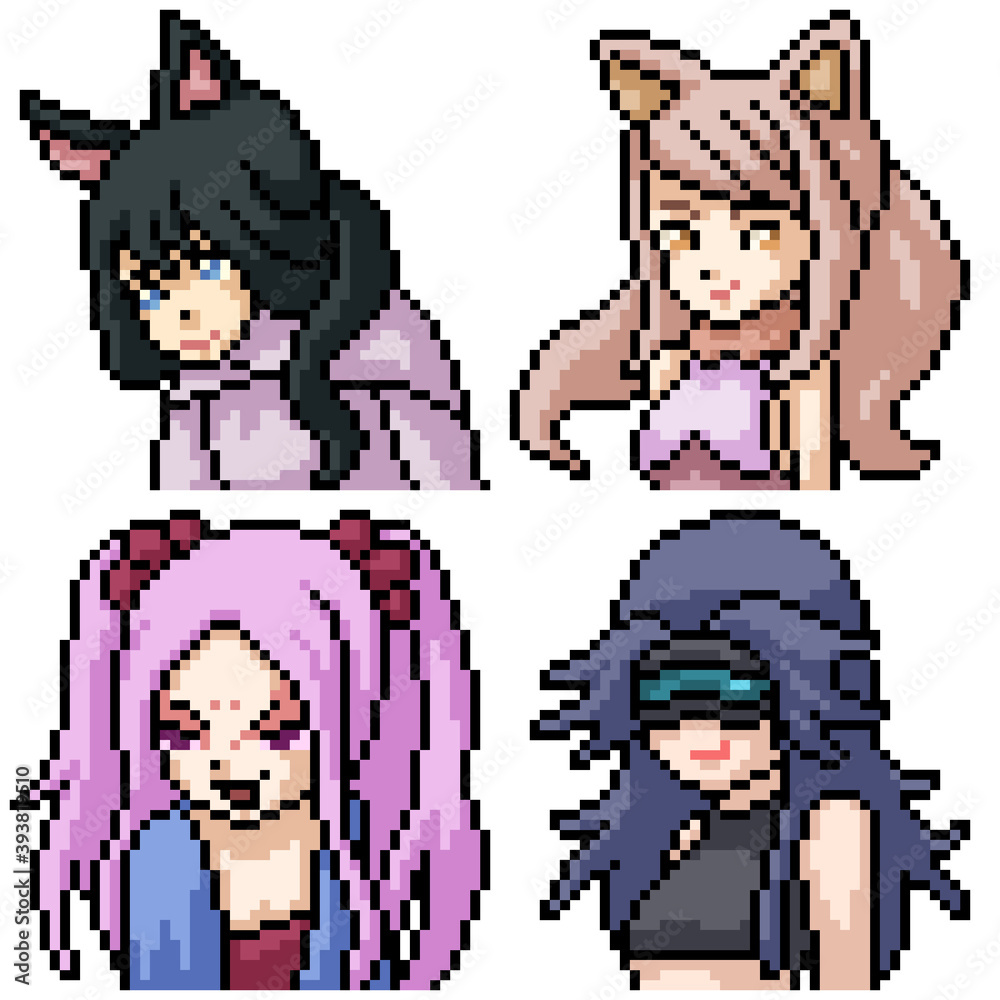 เวกเตอร์ Stock pixel art set isolated fantasy anime girl | Adobe Stock