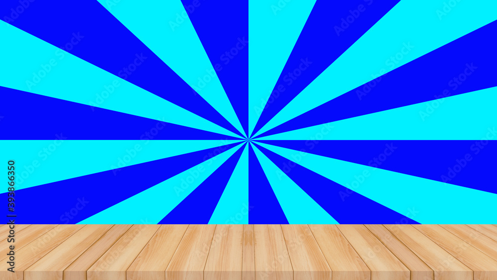wood floor texture and blue sunburst background empty room for product ...