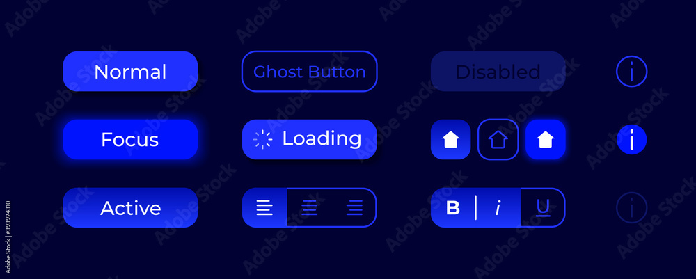 Glowing buttons UI elements kit. Activate switch. Options and settings ...