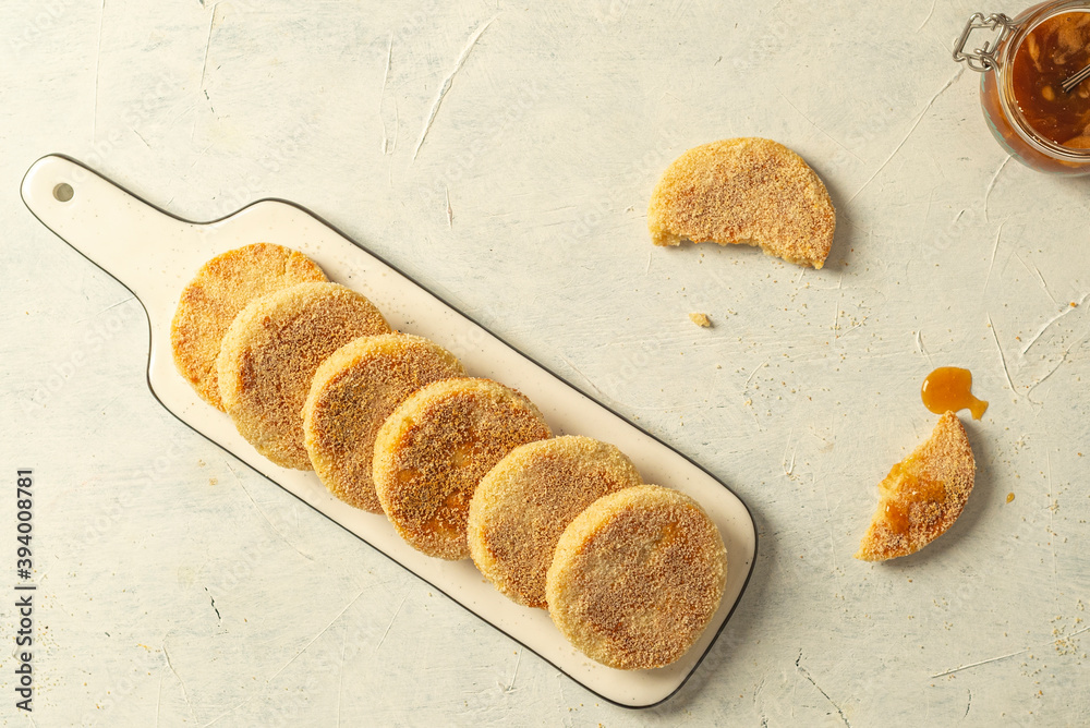 Moroccan Harcha Semolina pan fried. Flatbread served with honey or ...