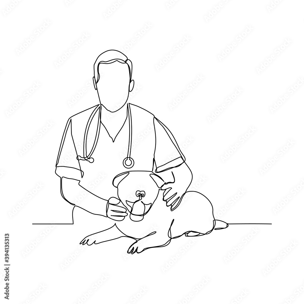 Continuous line drawing of young male veterinarian examining and take ...