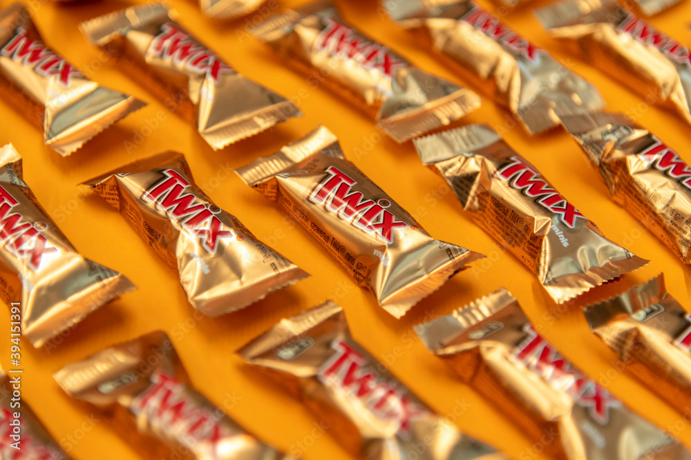 Moscow, Russia - November 19, 2020: Large group of Twix Minis candy ...