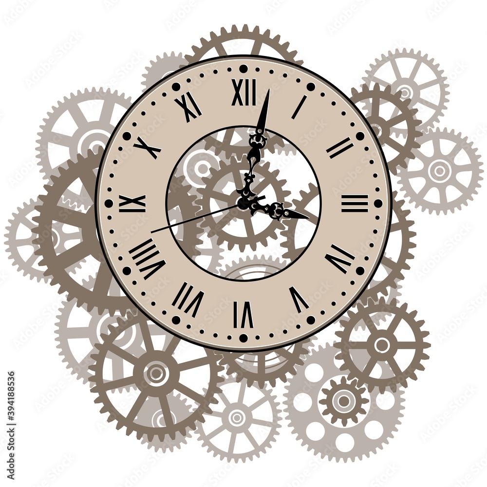 Clockwork Gear Mechanism. Vintage Wall Clock Roman Number. Time Symbol. Vector illustration ...