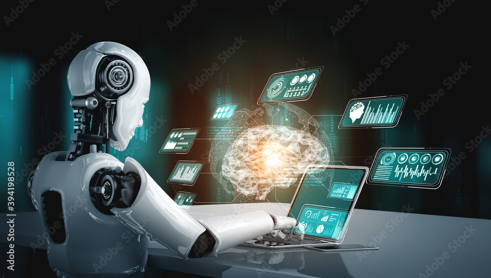 Robot humanoid use laptop and sit at table for big data analytic using AI thinking brain ...