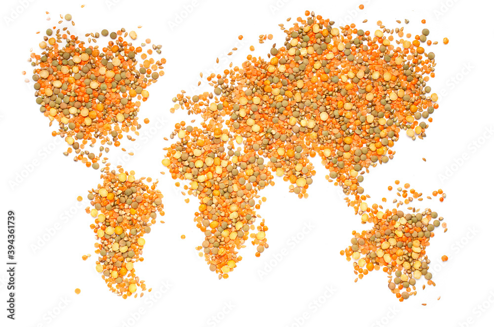 Mixed dry organic cereal and grain seed put in world map shape on white ...