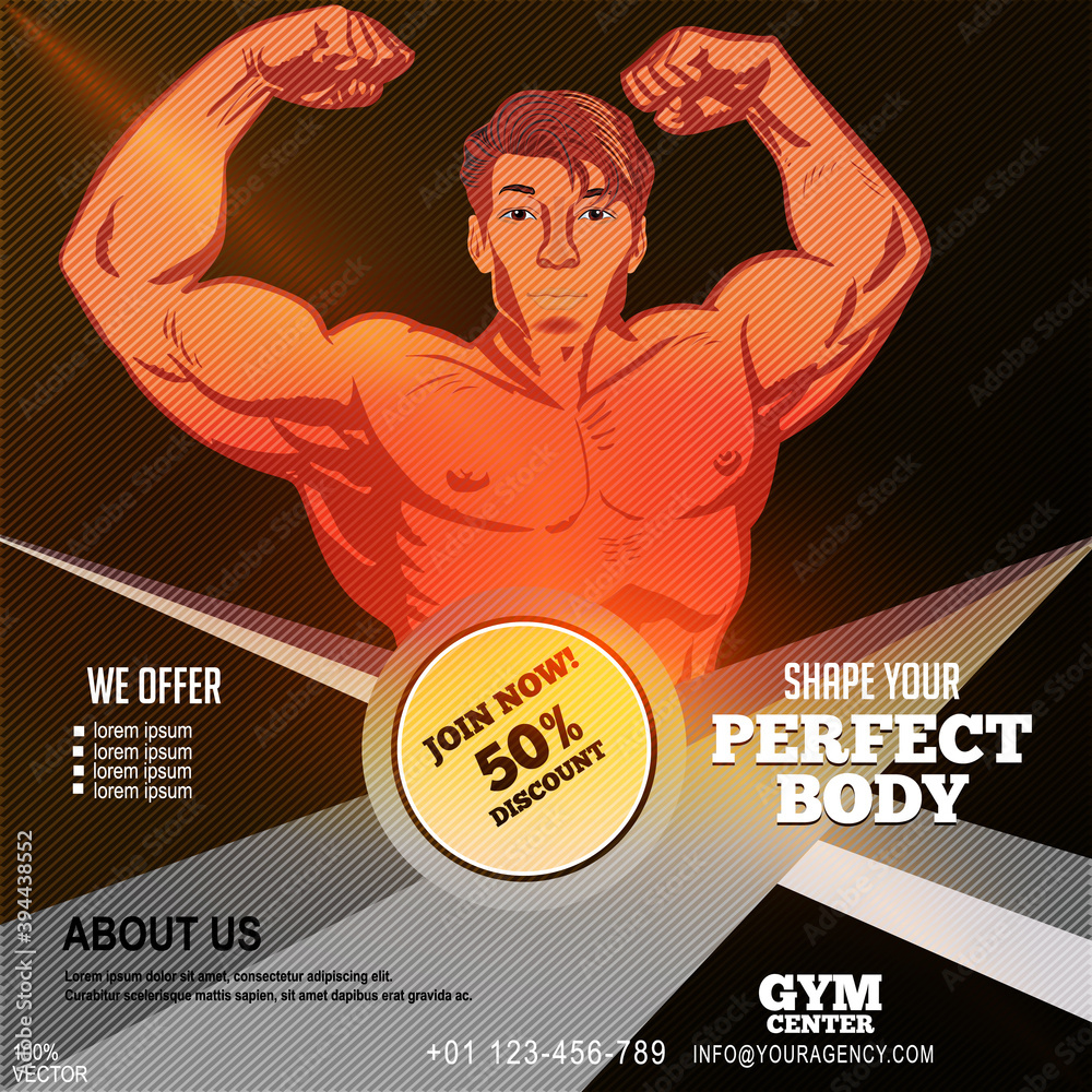 Vector flyer of banner. Fitness club ads with a healthy man posing ...
