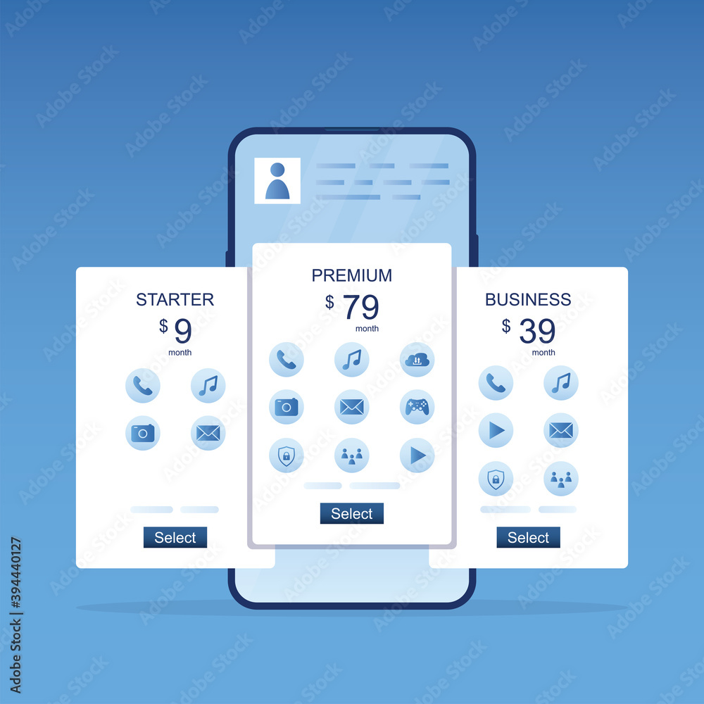 Smartphone with price list set. Mobile tariff plans. Starter, Business ...