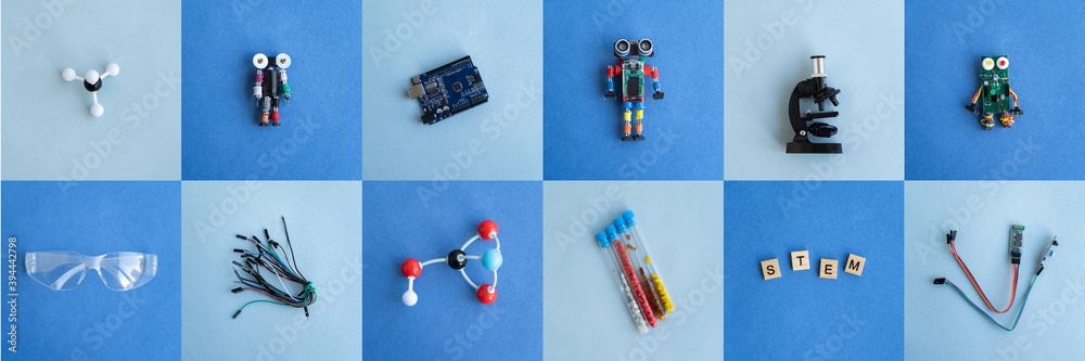 Collage. A metal robot and an electronic board that can be programmed ...