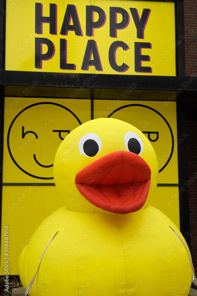 Giant inflatable yellow rubber duck at Happy Place pop-up art ...