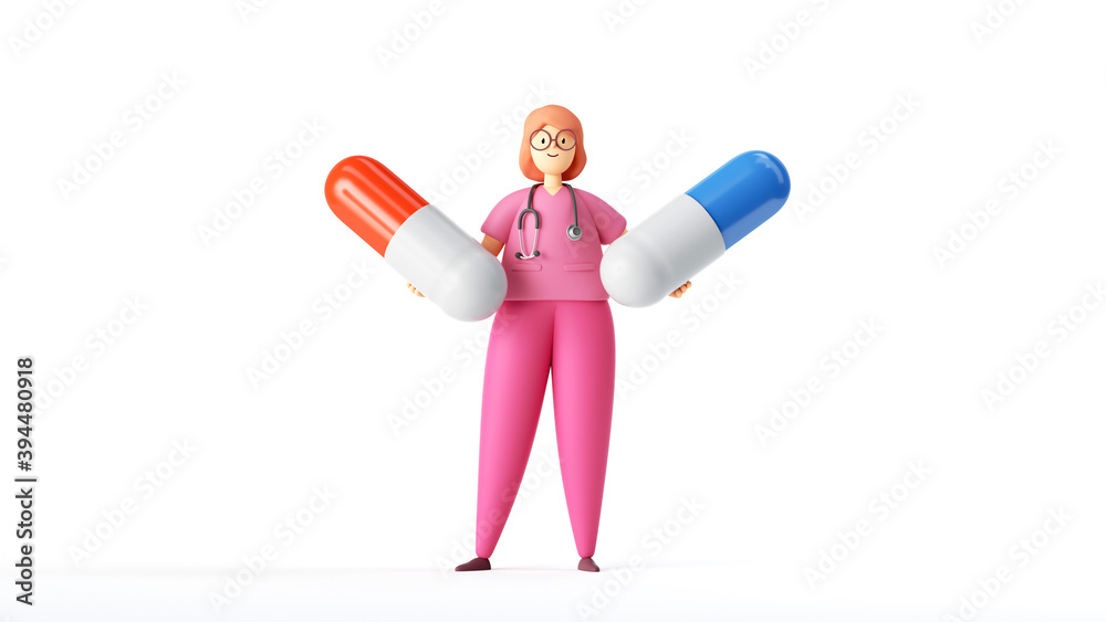 3d render. Woman doctor or pharmacist cartoon character holding two big ...