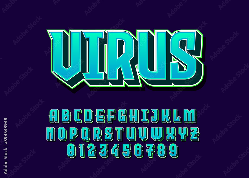 Virus, modern font style. Custom alphabet template for poster, social ...