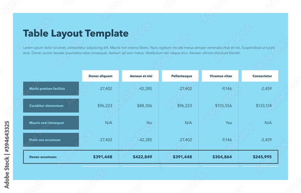 Modern business table layout template with the total sum row and place ...