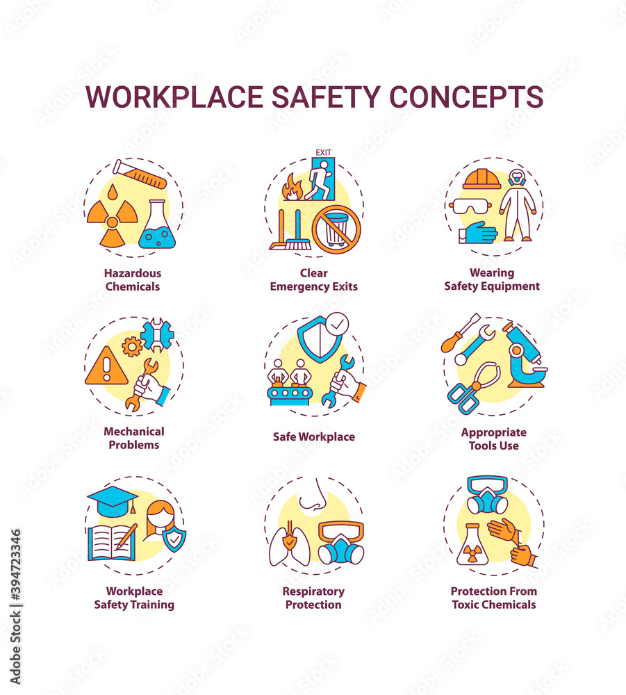 Workplace safety concept icons set. Hazardous chemicals. Clear ...