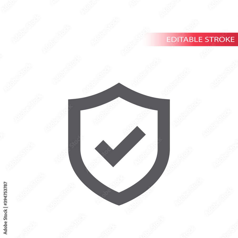 Shield and tick or check mark vector icon. Safety, security concept line symbol with checkmark ...