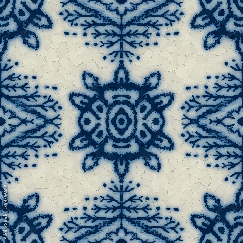 Seamless classic blue and white ceramic design. Hairline cracks over ...