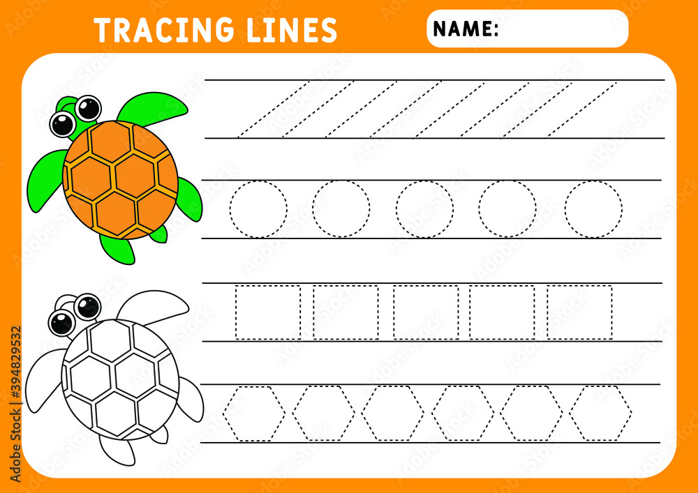 Trace line worksheet for kids. Basic writing. Working pages for children. Funny little sea ...