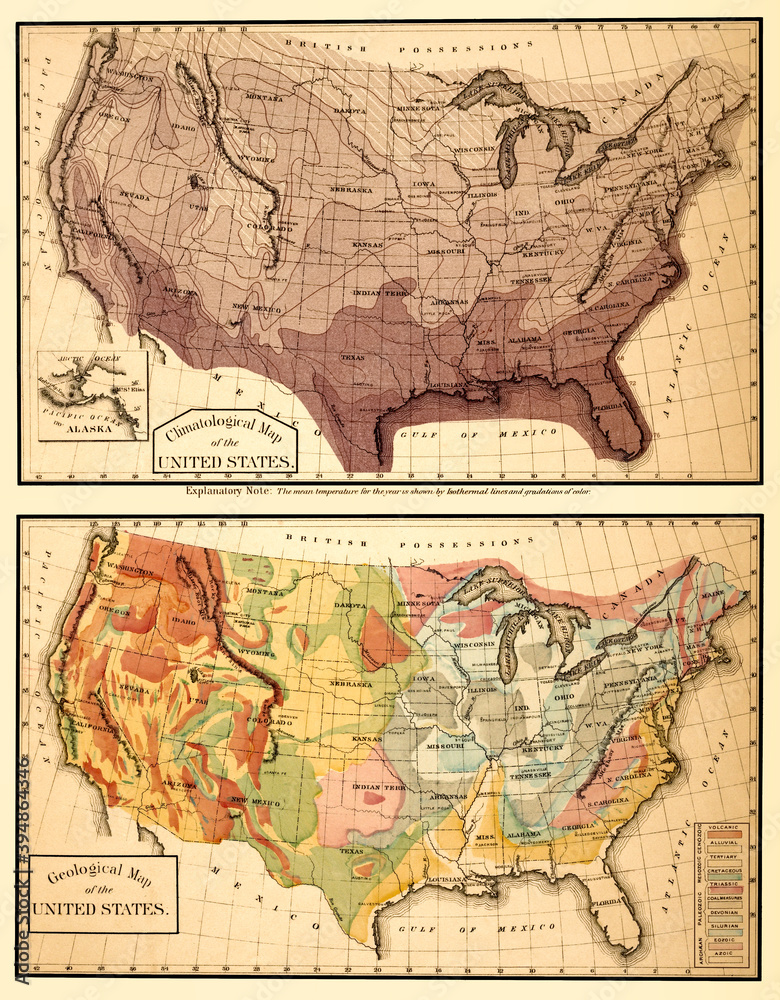 United States; Geological and climate map 1876. Shows two scientific ...