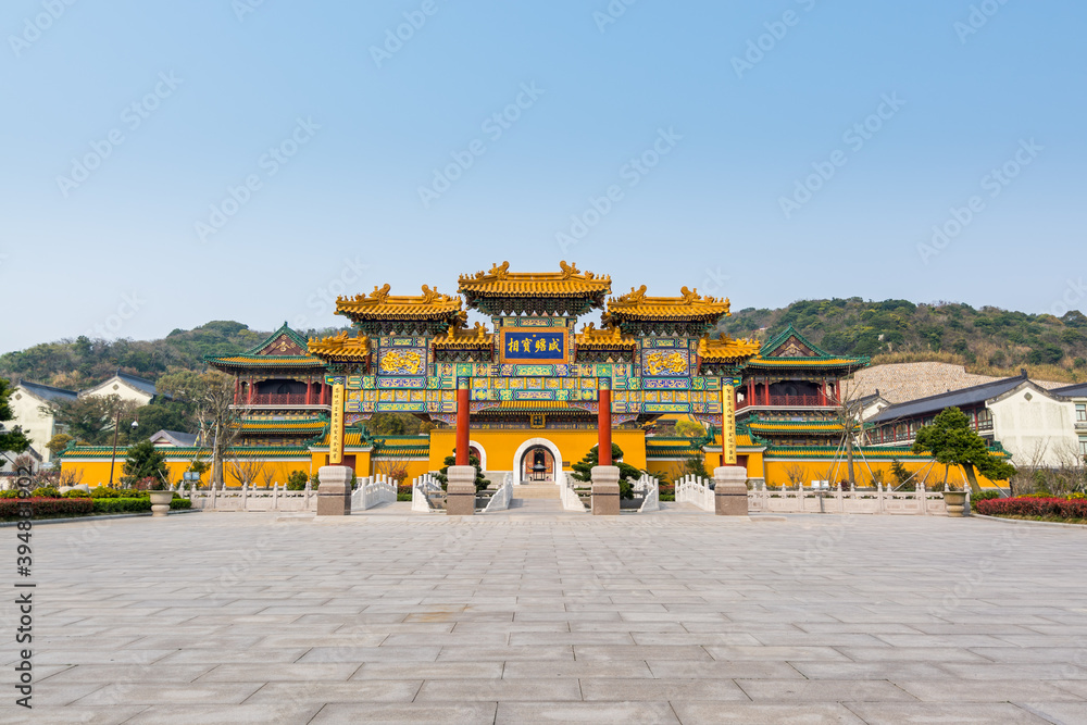 Chinese traditional royal style colorful Baoxiang lecture temples in the Putuoshan mountains ...
