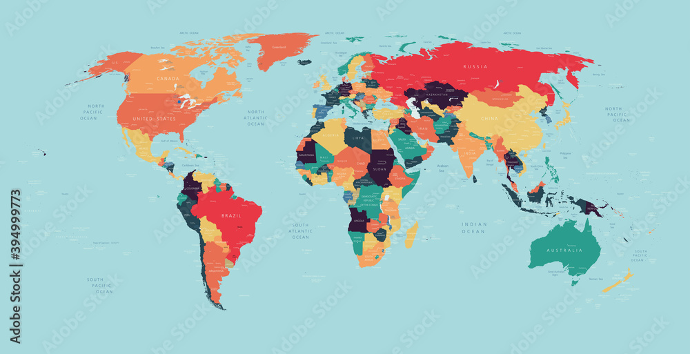 World political vector detailed map in modern colors Stock Vector ...