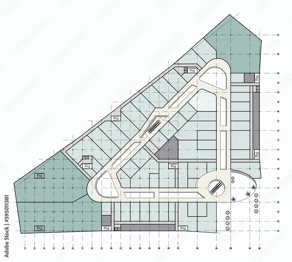 Triangular shaped shopping mall drawing. Architectural floor plan ...