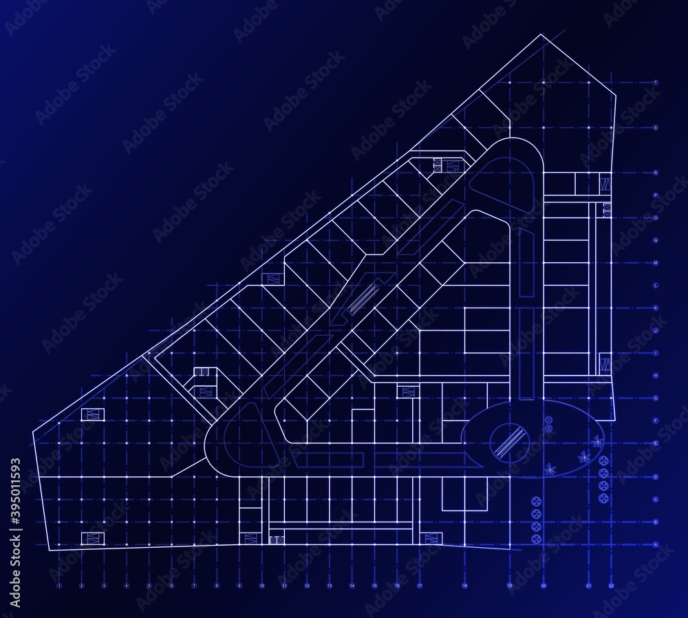Ilustração Triangular shaped shopping mall drawing. Architectural floor ...