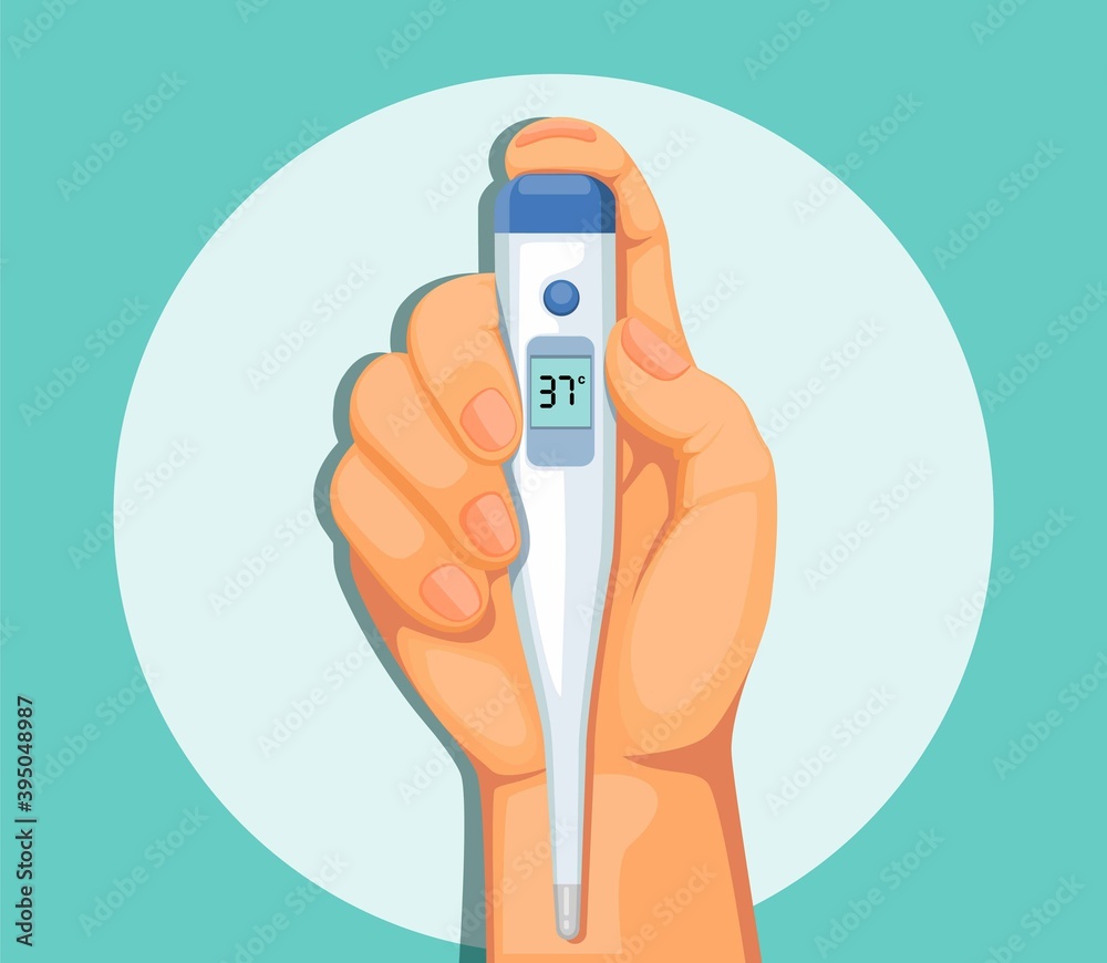 Hand holding thermometer to check temperature body symbol concept in ...