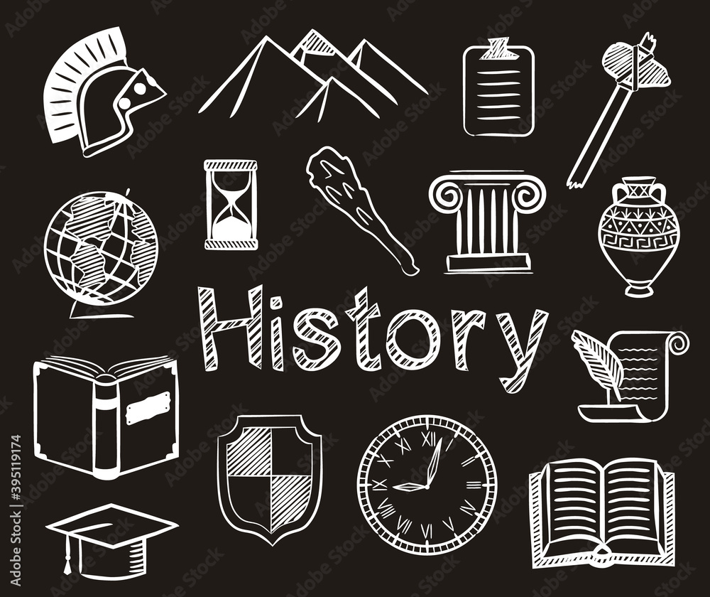Set of chalk hand-drawn icons on the theme of History. Pictograms of ...