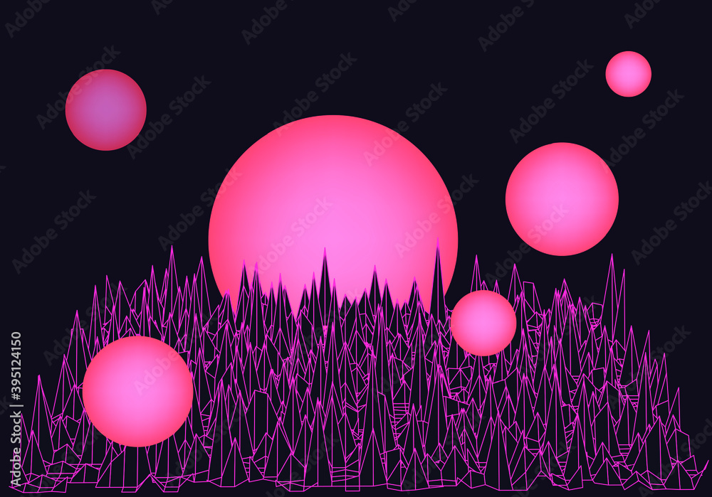 Retro Synthwave Sunrise. Futuristic sci-fi landscape with sun above the ...