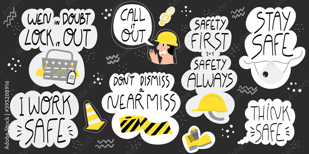 Vector de Stock Collection of hand drawn lettering about heath&safety ...