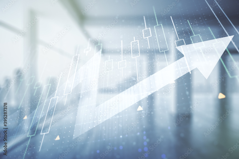 Abstract creative financial diagram and upward arrow hologram on empty ...