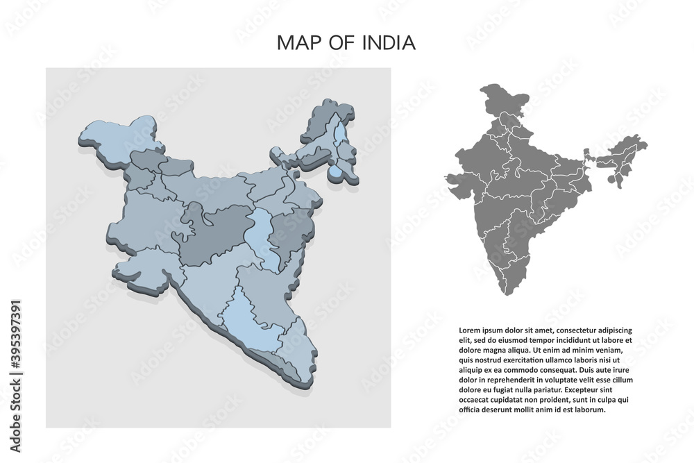 Isometric 3D map of India. Political country map in perspective with ...