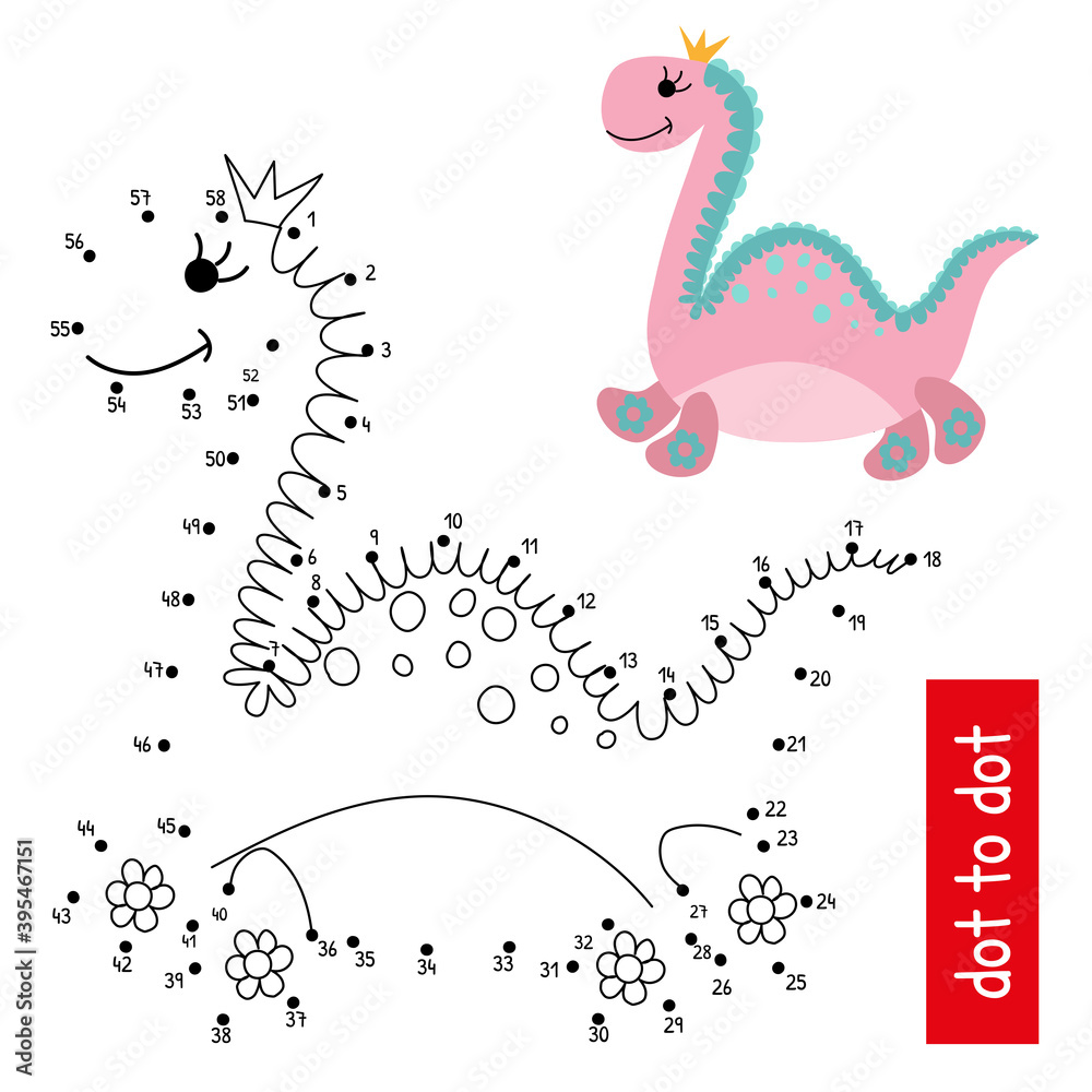 Cute dinosaur. Educational numbers game vector illustration. Connect ...