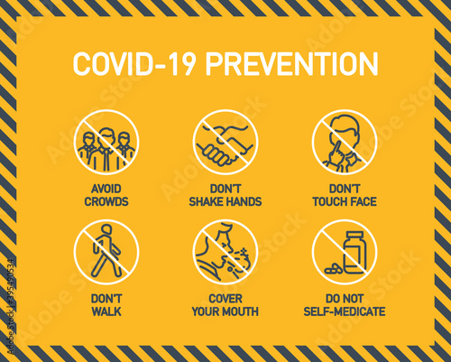 prohibited actions Coronavirus line icons set poster isolated on yellow ...