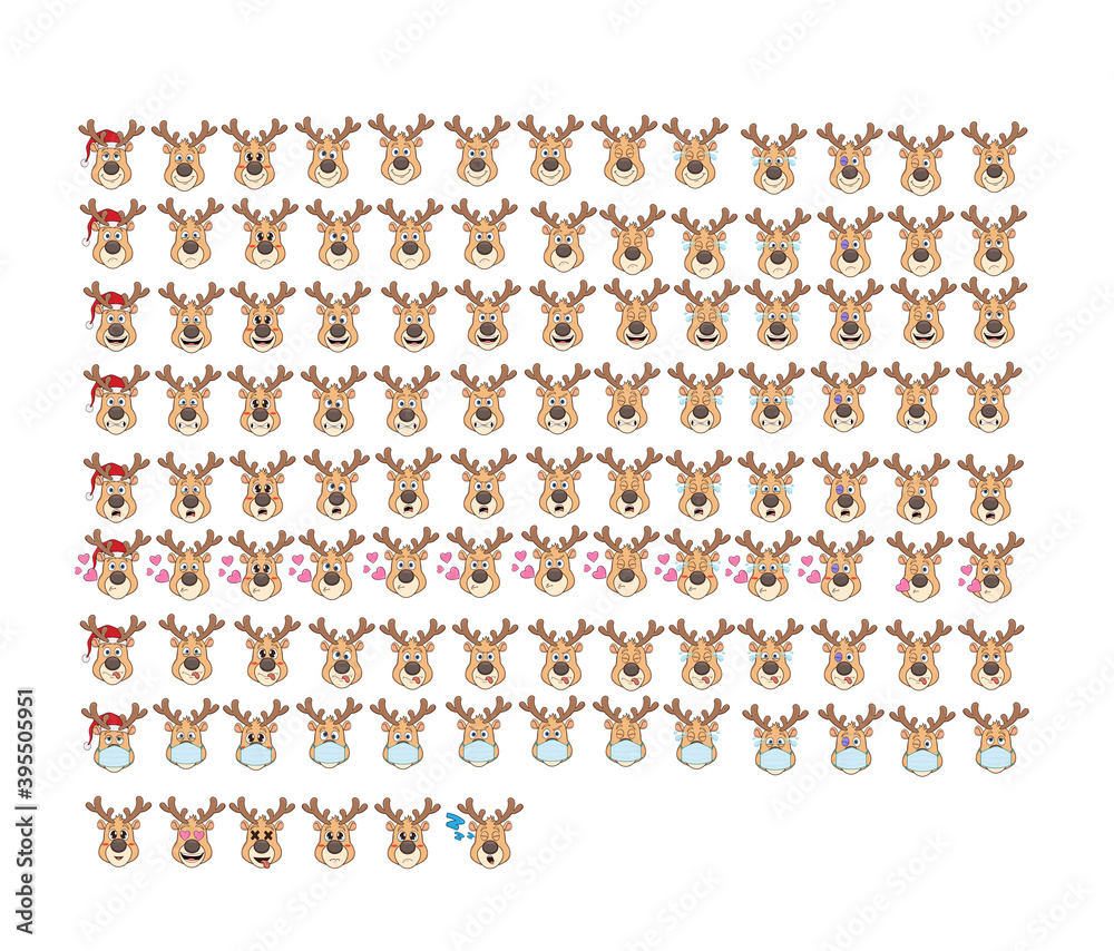 cartoon christmas reindeer with different emotions. large set of ...