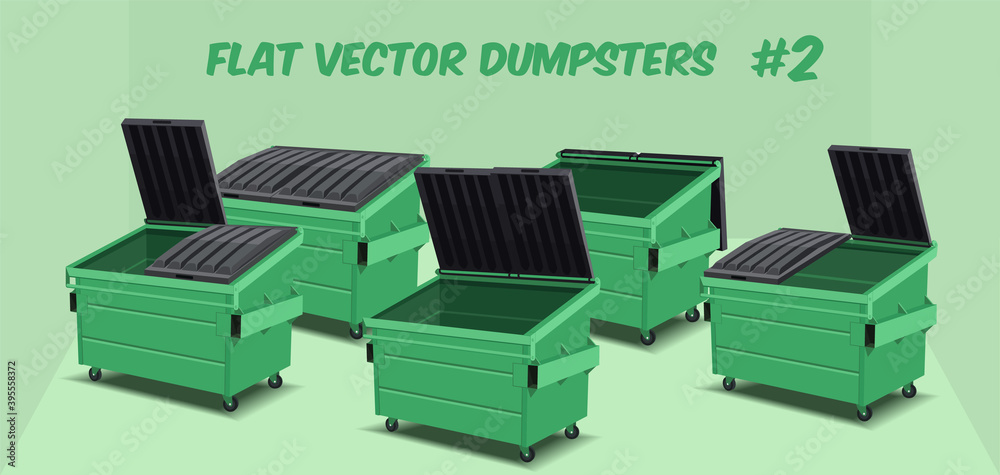flat cartoon design of green dumpster containers isolated on a ...