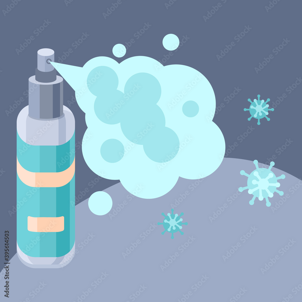 Antiseptic spray on grey backdrop. Virus disinfection sign for social ...