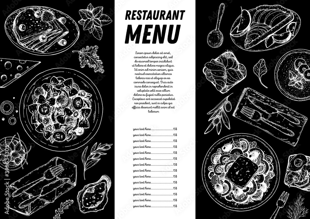 Food top view. Sketch illustration. Hand drawn. Food menu design ...