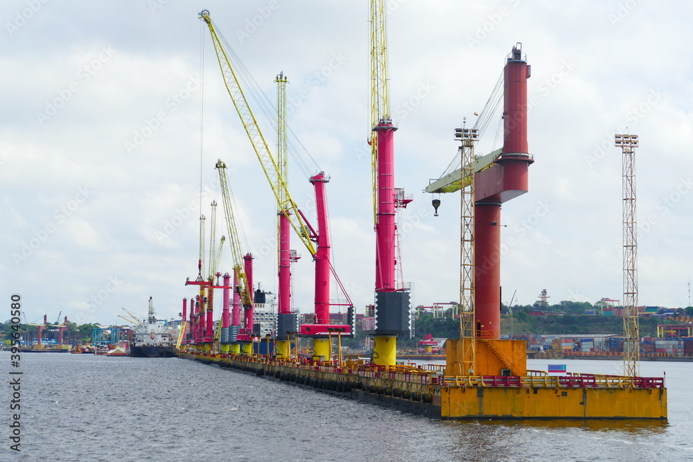 Port with modern cranes for container loading, overseas port of the ...