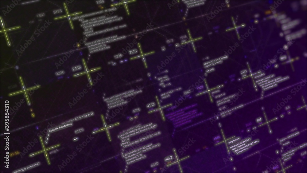 Programming Blocks Of Code With Glitch Effect On Purple Background Seamless Loop Animation
